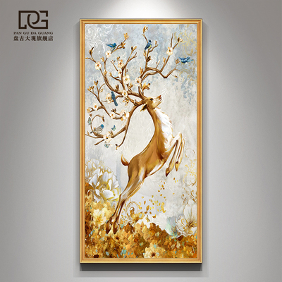 手绘油画大芬村装饰画玄关入户轻奢现代简约过道高级感招财鹿挂画