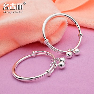 光面带铃铛宝宝脚镯9999纯银镯子推拉款银手镯男女小孩子婴儿童镯