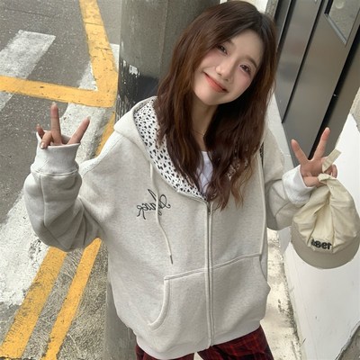 AGXS秋冬花灰色撞色拼接爱心拉链帽衫宽松休闲加绒连帽开衫卫衣女