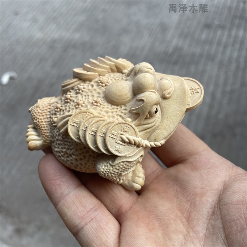 崖柏黄杨木雕招财金蟾小实木雕刻文玩饰动物工艺礼品