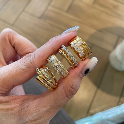 老钱风微镶锆石交叉双排钻编织戒指女高级感复古指环开口戒秋冬