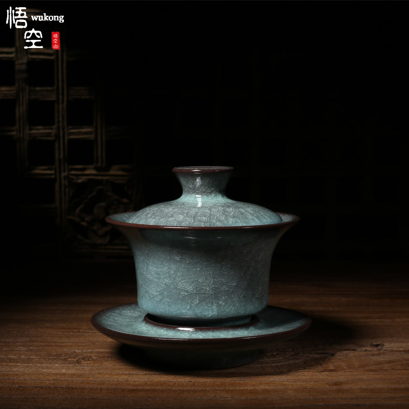 龙泉青瓷哥窑冰裂纹茶碗泡茶功夫茶具手工单大号才盖碗茶杯