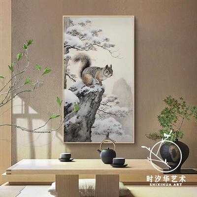 松GVD鼠拜寿画图迎关客松油画客厅装饰画新中式松树风景玄挂竖版
