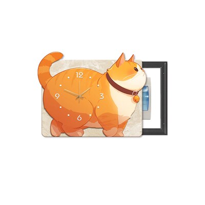 奶油风猫咪电表箱装饰画带钟表免打配电箱电闸遮挡挂钟