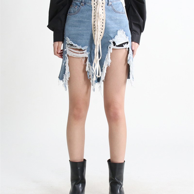 TWOTWINSTYLE Patchwork Ribbons Denim Short Pants For Women H