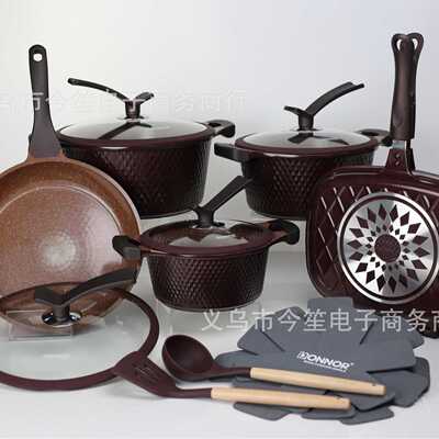 DONNOR热卖新款小钻15PCS件套锅具不粘汤锅套装压铸锅麦饭石覆底