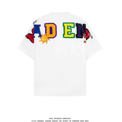 FOCK 原创美式彩色字母毛巾绣短袖T恤男女夏季新款红色短袖上衣潮