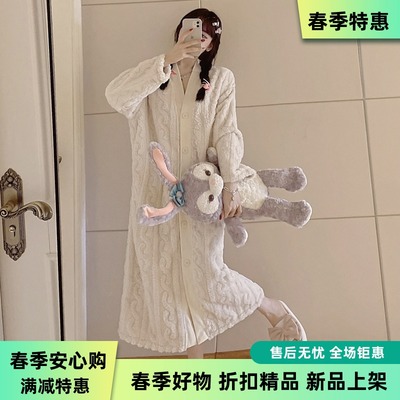 实拍实价秋冬新款提花睡袍女设计感珊瑚绒加厚保暖性感浴袍家居服