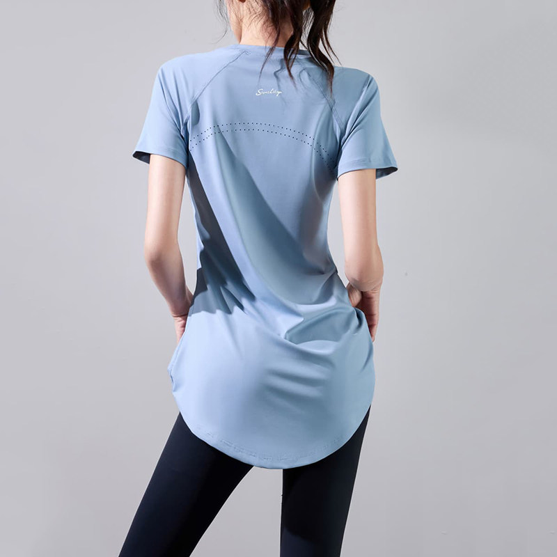 大码遮屁股瑜伽服女2025新款运动健身上衣套装 收腰长款速干t恤女