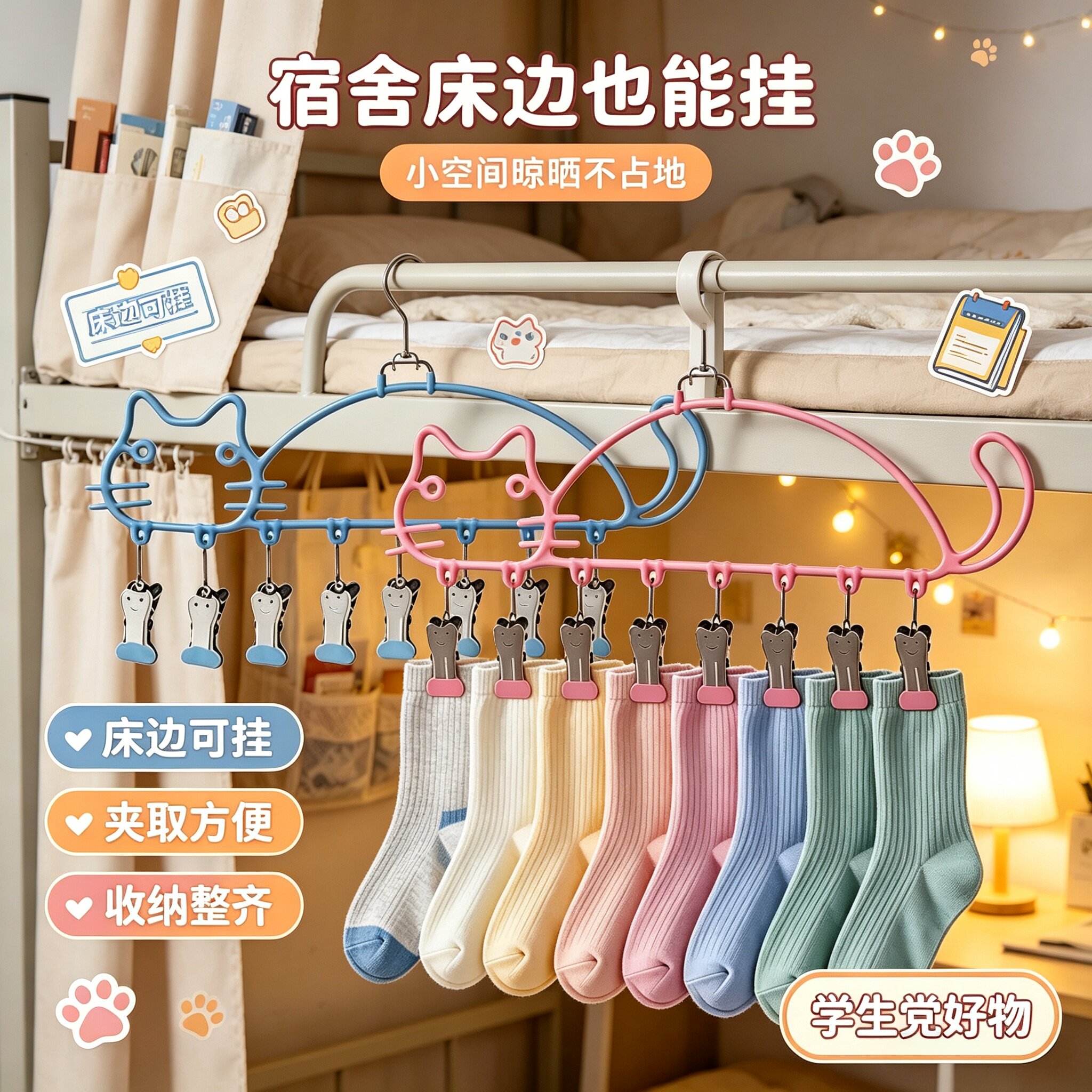 猫咪晾衣架新款婴儿衣服袜子衣架收纳神器多功能宠物口水巾晾晒架