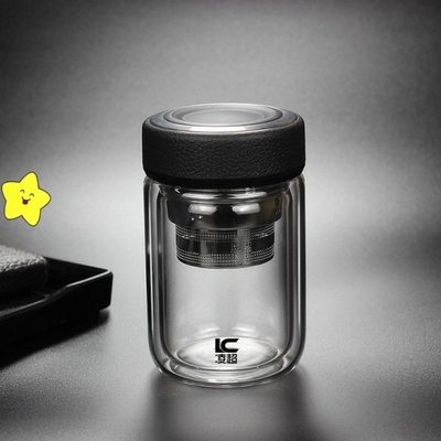 耐热双层玻璃杯办公室茶杯圆润水杯男女士杯子矮胖泡茶加厚皮纹盖