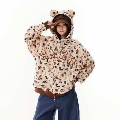 SREK 美式古GXO小狗满复耳休朵连帽卫衣女印秋季宽松闲潮牌情侣外