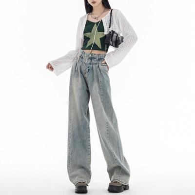 复古垂感牛仔女秋7137-SYA感款设计高腰辣妹小裤个子春宽松直筒拖