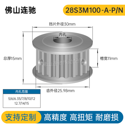 S3M28齿 两面平同步轮 槽宽11 AF型 同步皮带轮28S3M100-A-P5-15