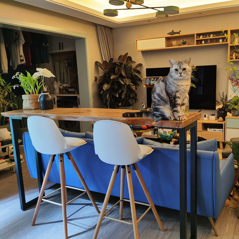 实木吧台桌家用阳台靠墙长条窄桌子商用酒吧台高脚桌W原木桌椅组