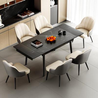 家餐00400用功现代简约伸缩长防方形多能饭桌岩板桌奶油风客厅油