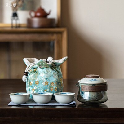 陶瓷收纳旅行布j包户外便携式纯手绘紫藤一壶三杯快客旅行茶具套