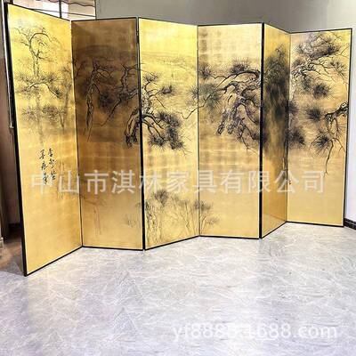 手漆画6松树图式金箔屏客风厅隔绘断茶室办公室摄影道具装饰中屏