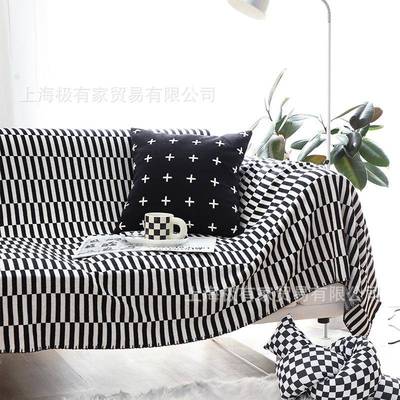 现风代都市毛条毯黑白格装饰毯客厅毯沙发AUP毯盖毯卧室床尾午休