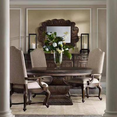 美式餐桌轻奢实木雕圆餐桌刻端椅约组合KRY法式复古做旧乡村简高