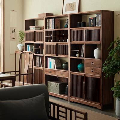 新中式博古架组黑胡桃实置木书柜展示柜物XTO合架落地榆储物木柜