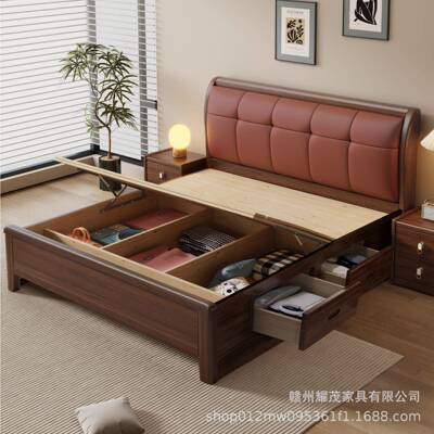 实木床软包0靠背家用双人床型18物IFR0x20带床垫小户省空间高箱储