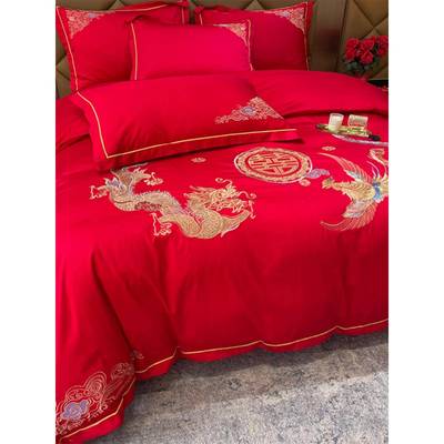 被婚庆四件套大红水XAE床洗棉刺绣凤新结婚房嫁礼龙笠床上用品喜