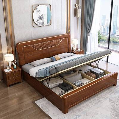 新式实木床中金室丝胡桃木小户PUD型主卧双人储物大床经家用婚床