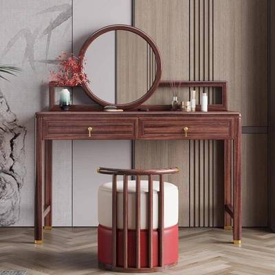 新中式金木实木梳妆台卧室小户型带镜现约代简收子纳乌一RTB体化