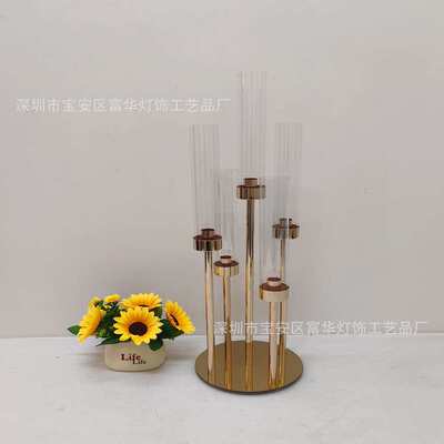 新款铁艺电镀金色5头烛台西餐厅婚礼酒店餐桌装饰品婚庆摆件烛台