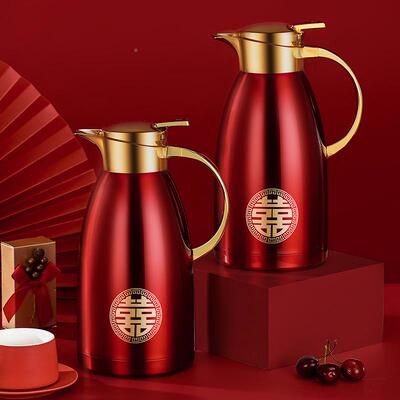 34852不锈钢保温水壶暖壶结婚陪嫁红色一对家用档婚暖高瓶庆0热水