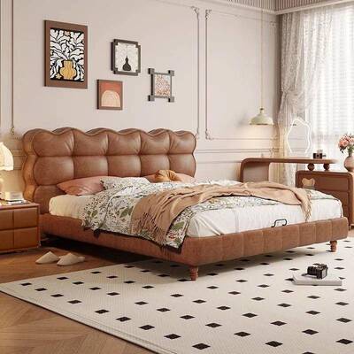 皮QNI艺卧大床中古风卧室法式皮艺软包双色人咖复古小户型高端婚