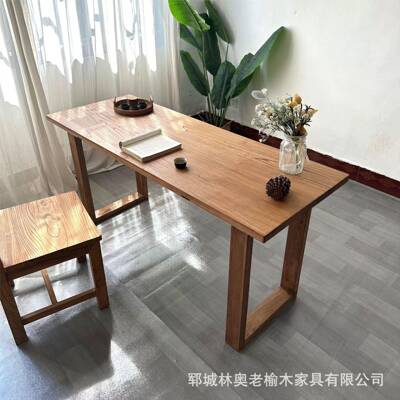 茶老榆木长形方书桌用卧室家看书桌做旧DBC复古喝桌榆木家具吃饭
