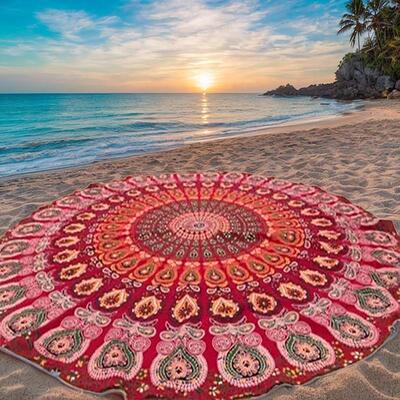 Round Beach Towel Boho Style Patchwork Pattern Towel Soft