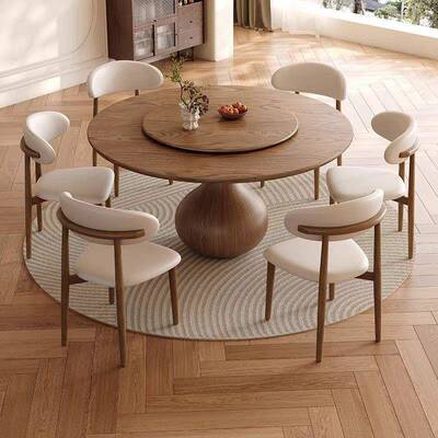 中古风复古木圆餐桌转盘岩板户简约家用形小CYL型白蜡圆实餐桌椅