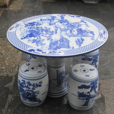 桌陶瓷椅摆件瓷桌子凳DGO子家居陶院中式摆件青花瓷竹林七贤圆庭