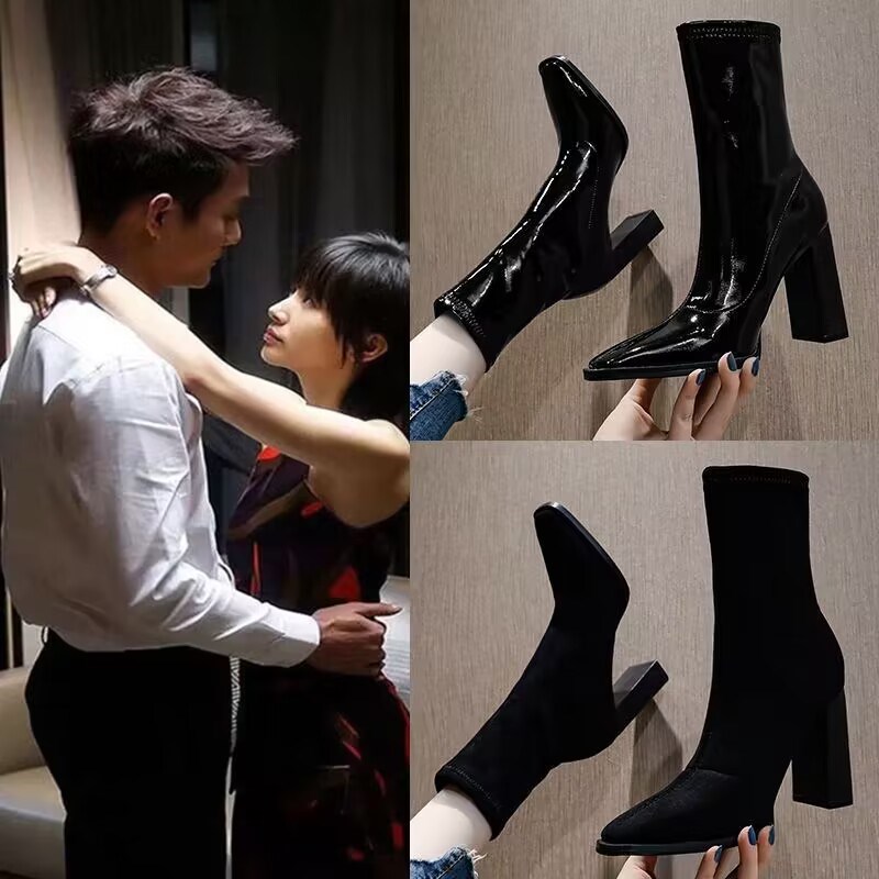 小码短靴女313233弹力2023秋冬新款裸靴黑色高跟方头粗跟瘦瘦单靴