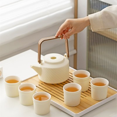 奶油风提梁茶壶茶杯套装家用陶瓷简约中式少女功夫茶具下午茶现代