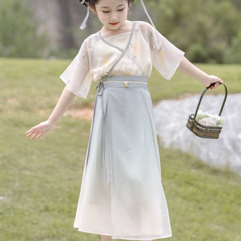 柠檬套装宋制女童汉服唐装短袖仙女中国风小女孩洋气夏女儿仙女