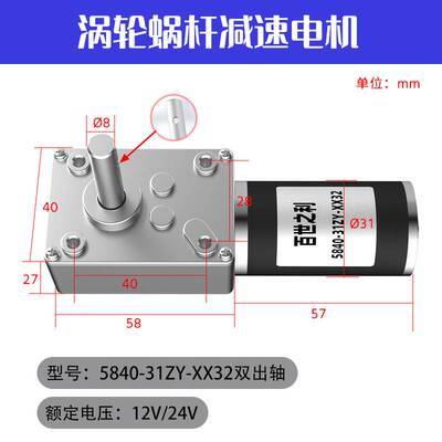 5840-31zy蜗轮蜗杆微型直流减速电机12伏双出轴有刷微型电动机24V