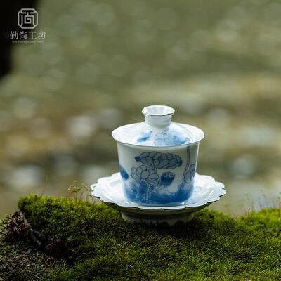 手泡绘11591清荷功夫茶具碗木家盒套组陶瓷盖茶杯整套用茶碗文人