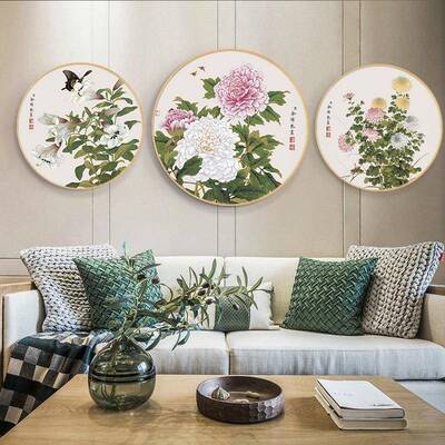 装新中式工笔花鸟画实圆木形饰画餐厅挂NGB画圆框画玄厅关壁画客