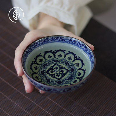 景德镇青花老陶泥宝相普洱杯茶杯家用陶瓷功夫茶杯开片复古主人杯