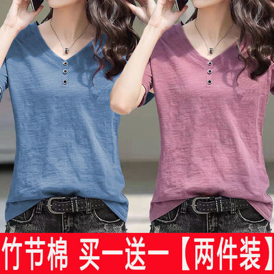 单/两件竹节棉V领纽扣短袖t恤女2021夏季新款宽松大码百搭上衣潮