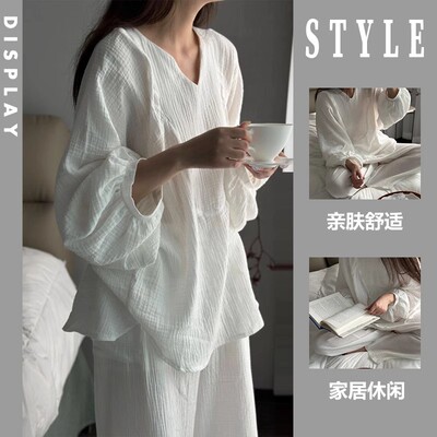 韩系慵懒风亲肤长袖纯棉睡衣女春秋款棉纱长裤纯色家居服大尺码套