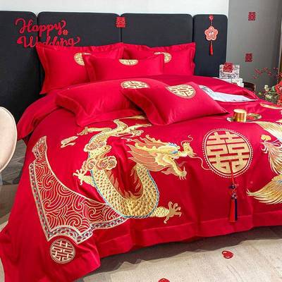 高档龙凤庆四件套大红色婚绣被套结婚床刺ZJF268上用婚品陪嫁房喜
