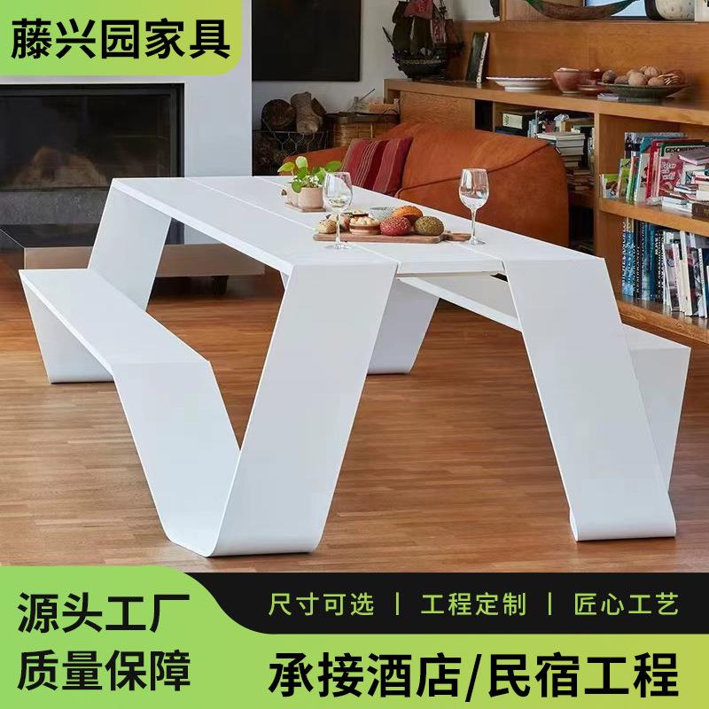 户外铝合金休闲桌椅庭院露台花园连体长凳室外公园外摆长椅餐桌