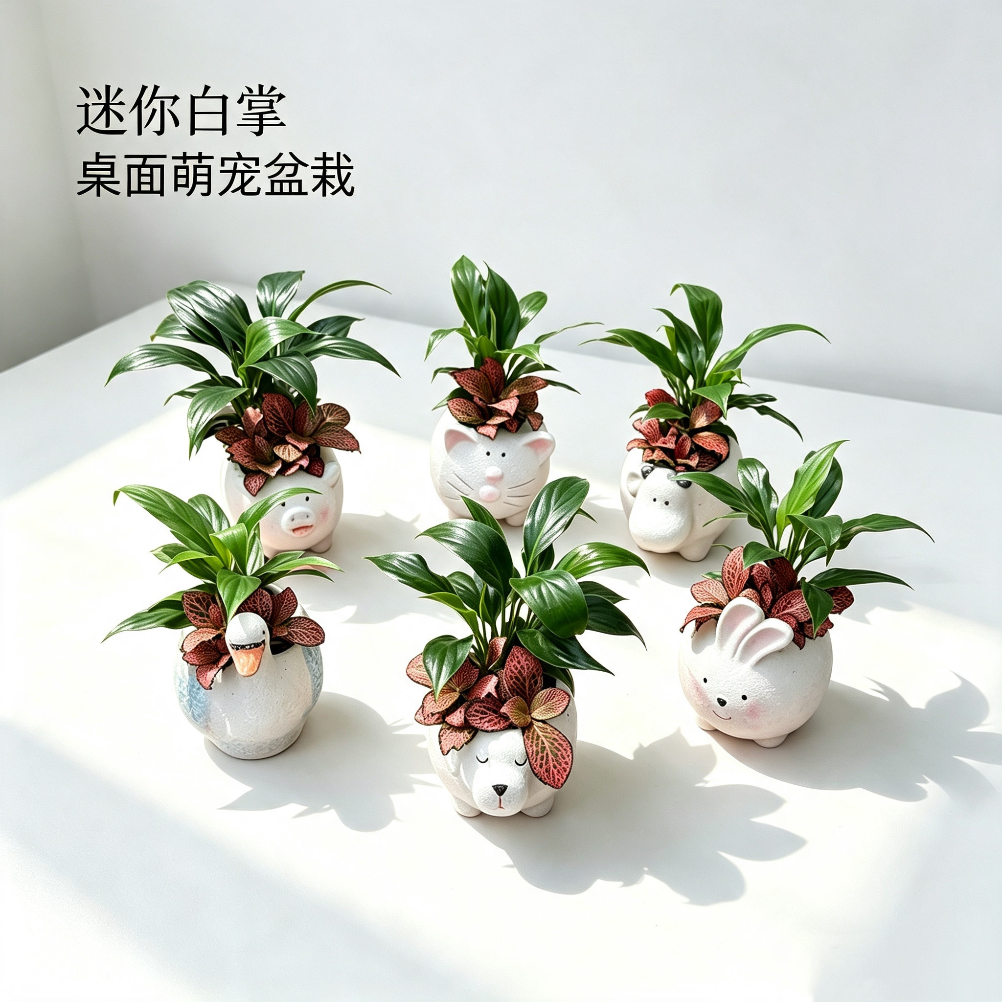 迷你白掌创意桌面绿植室内迷你盆栽萌宠造型陶瓷盆装饰植物