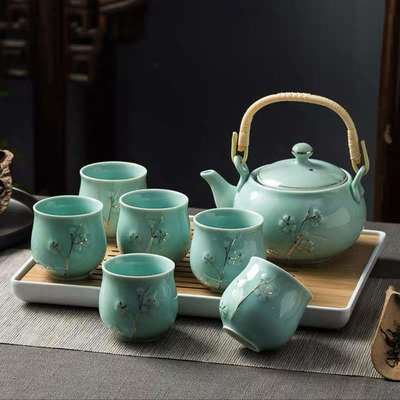 提梁壶茶具套装家用陶瓷景德镇手工描金大号茶壶茶杯简约送礼托盘