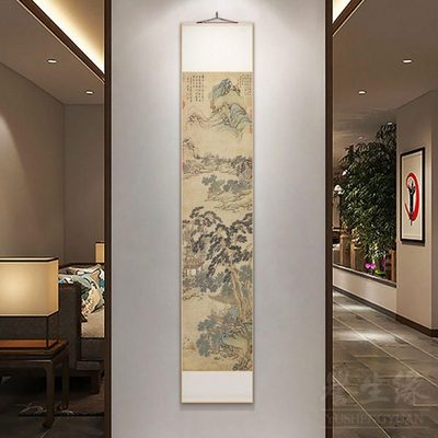 仇英竹楼图新中式卷轴挂画竖版玄关过道装饰画餐厅书房山水国画